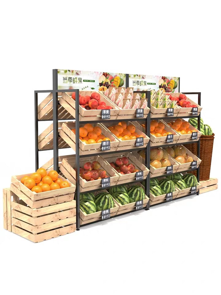 Metal Multifunction Wooden Wine Fruit Vegetable Display Shelves For ...